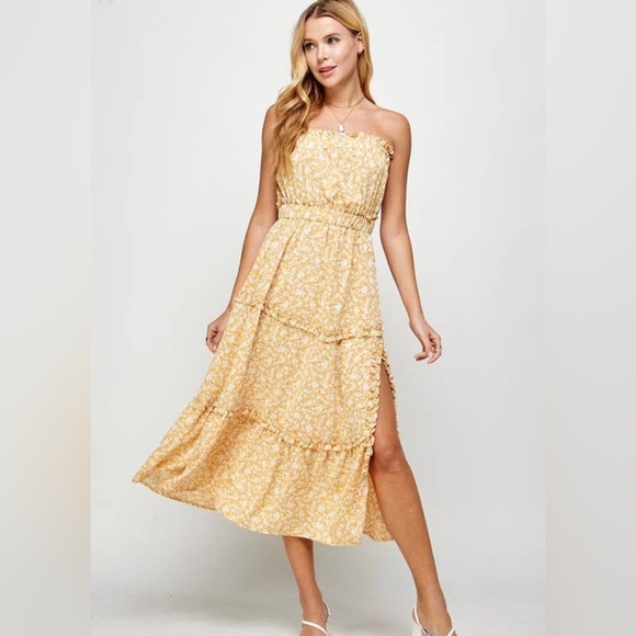 Solution | Dresses | Nwot Strapless Floral Yellow Midi Dress With ...